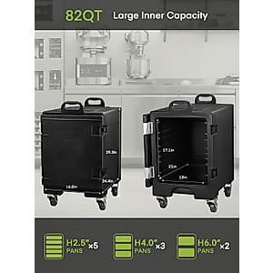 Catering Food Warmer, 82Qt Front Loading Hot Box for Catering, LLDPE Insulated Food Pan Carrier for 5 Full-Size Pan, w/Wheels, Stackable, Handles, Hot Box Food Warmer Ideal for Canteen, Restaurant