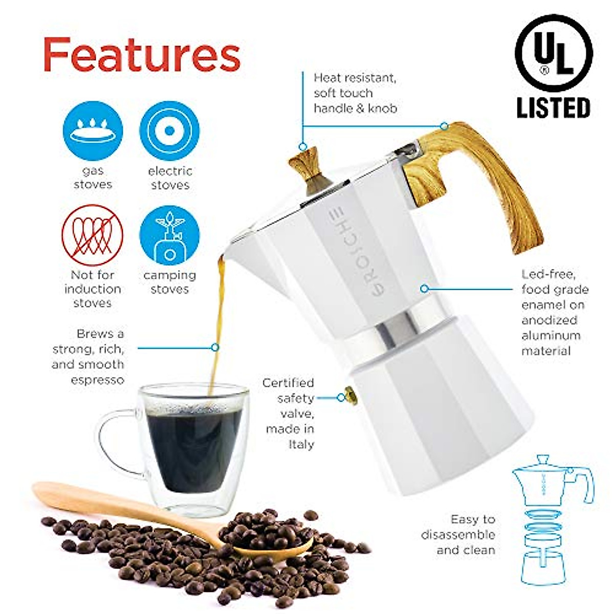 GROSCHE White Milano Stovetop Espresso Maker, 6 cup