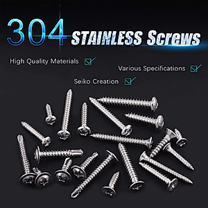 Swpeet 435Pcs 3 Types #6#8#10 SAE 304 Stainless Steel Round Pan Head and Phillips Flat Head Self Tapping Sheet Metal Screws Wood Screws with 410 Stainless Steel Truss Head Fast Self Tapping Screws