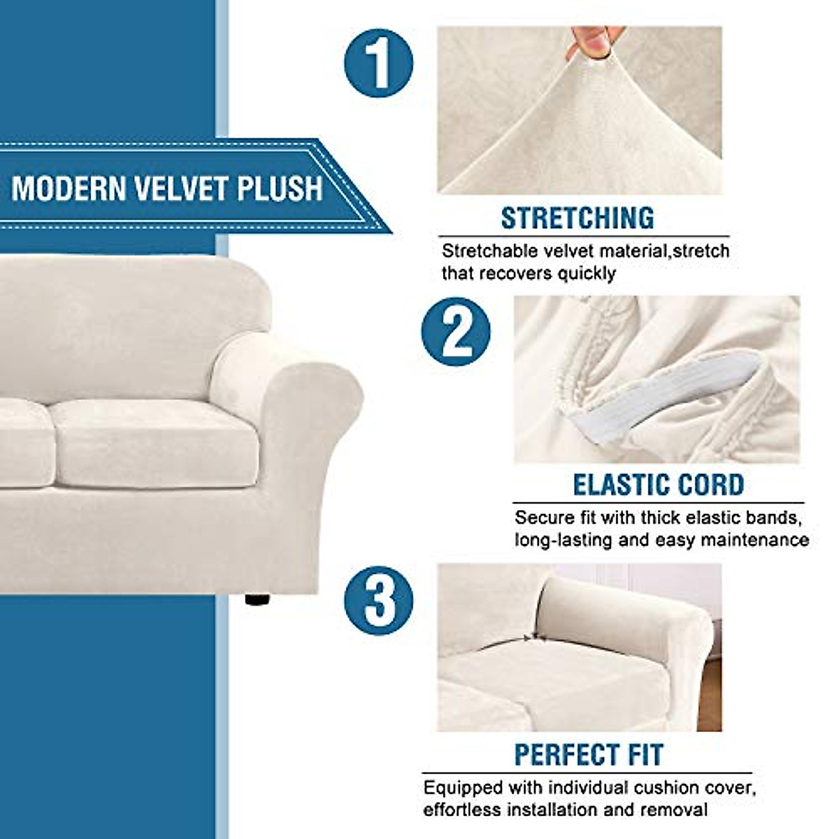 H.VERSAILTEX Modern Velvet Plush 4 Piece High Stretch Sofa Slipcover Sofa Cover Furniture Protector Form Fit Luxury Thick Velvet Sofa Cover for 3 Cushion Couch, Machine Washable (Sofa,Ivory)