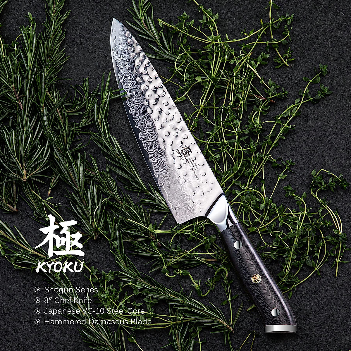 KYOKU Shogun Series 8'' Serrated Bread Knife + 8" Professional Chef Knife + 6" Utility Chef Knife - Japanese VG10 Steel Core Forged Damascus Blade