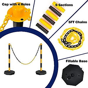 6 Pack Traffic Delineator Post Cones with Fillable Base, Adjustable Traffic Safety Barrier PE Plastic Construction Caution Road Stanchions with 5Ft Plastic Chain for Warning & Crowd Control