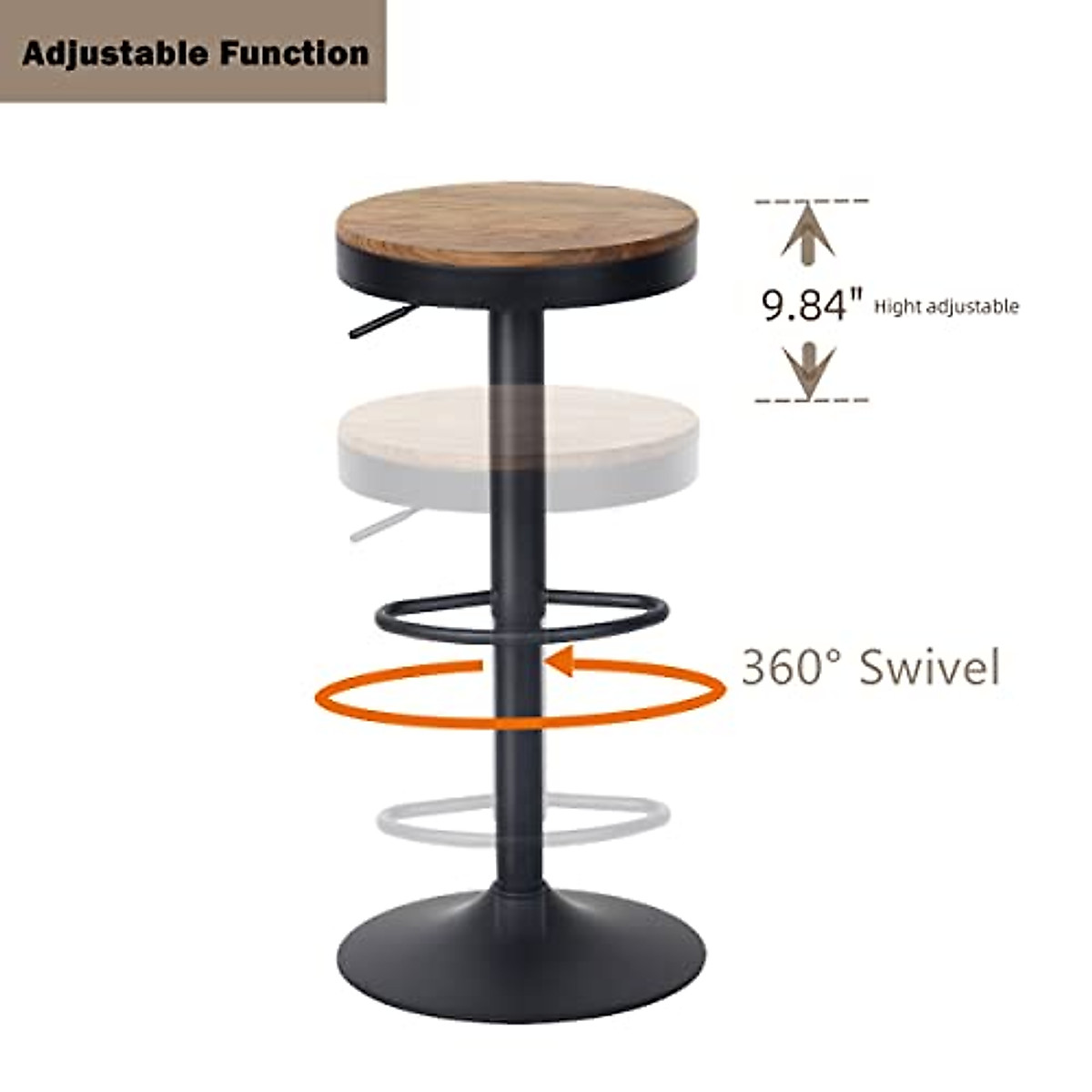 YOUNUOKE Bar Stools Set of 2 Round Adjustable Swivel Counter Height Barstool Backless Wood and Metal Bar Stools with Footrest Modern Bar Chair for Kitchen Counter Island