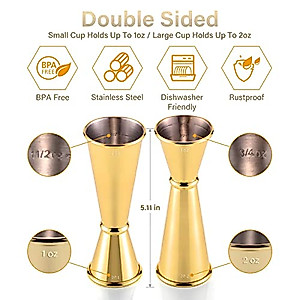 Eligara Japanese Jigger - Cocktail Measuring Double Jiggers for Bartending, Copper Jigger with Measurements Inside - Stainless Steel Bar Tools For Bartenders, Jigger 2 oz 1 oz (Gold)