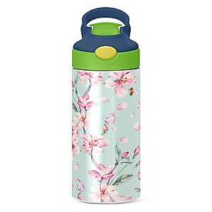 Pink Flowers Kids Water Bottle, BPA-Free Vacuum Insulated Stainless Steel Water Bottle with Straw Lid Double Walled Leakproof Flask for Girls Boys Toddlers, 12Oz