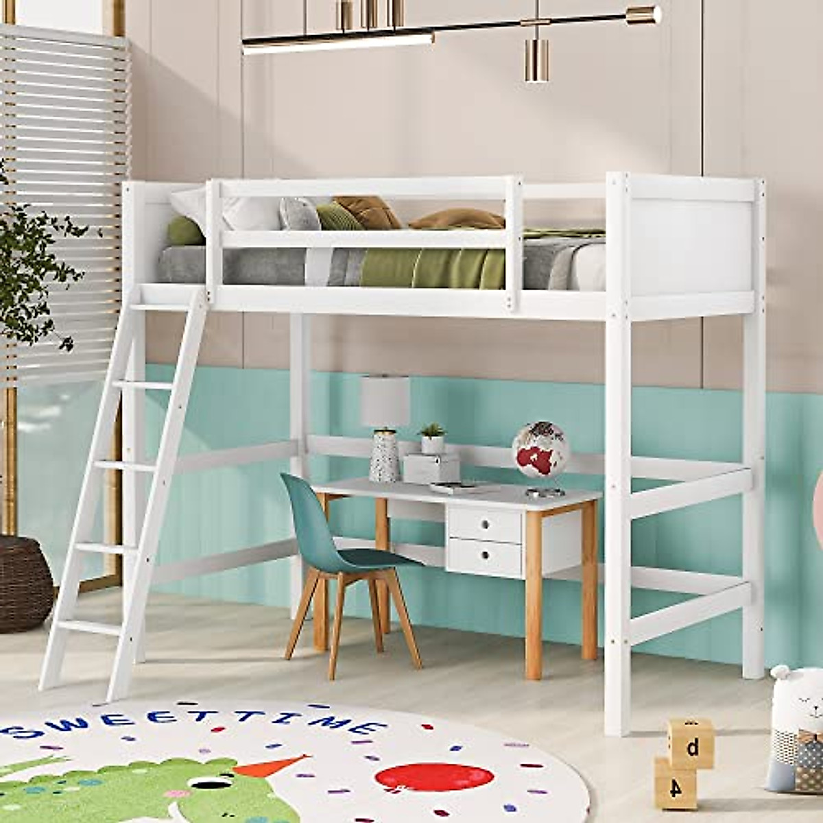 DEYOBED Twin Size Wooden Loft Bed Frame with Ladder - Space-Saving Design for Kids, Teens, and Adults