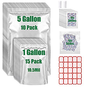 5 Gallon Mylar Bags for Food Storage,10.5 Mil Mylar Bags with Oxygen Absorbers 2000cc-25 Mylar Bags 5 Gallon & 1 Gallon,Stand-Up Zipper Resealable Bags & Heat Sealable Food Storage Bags + Labels