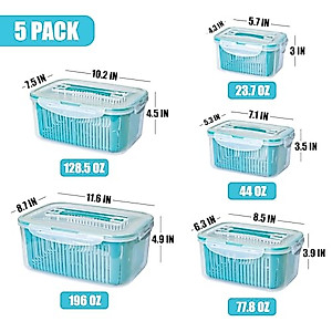 KIGI 5 PACK 204L Vegetable Fruit Storage Containers Set with Drain Basket and Lids for Salad Berry Lettuce Meat Fish