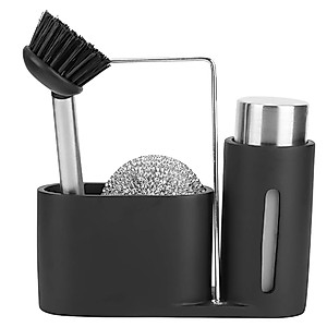 Kitchen Storage Rack with Detergent Dispenser, Steel Wire Ball and Brush Kitchen Sink Tableware Detergent Dispenser Container Dish Cloth Rag Storage Rack Black