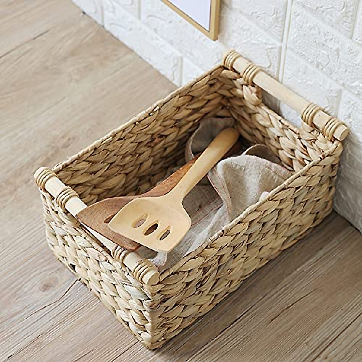 UXZDX Straw Storage Baskets with Wooden Handles, Rectangular Storage Baskets, Woven Storage Baskets for Coffee Table Cabinets