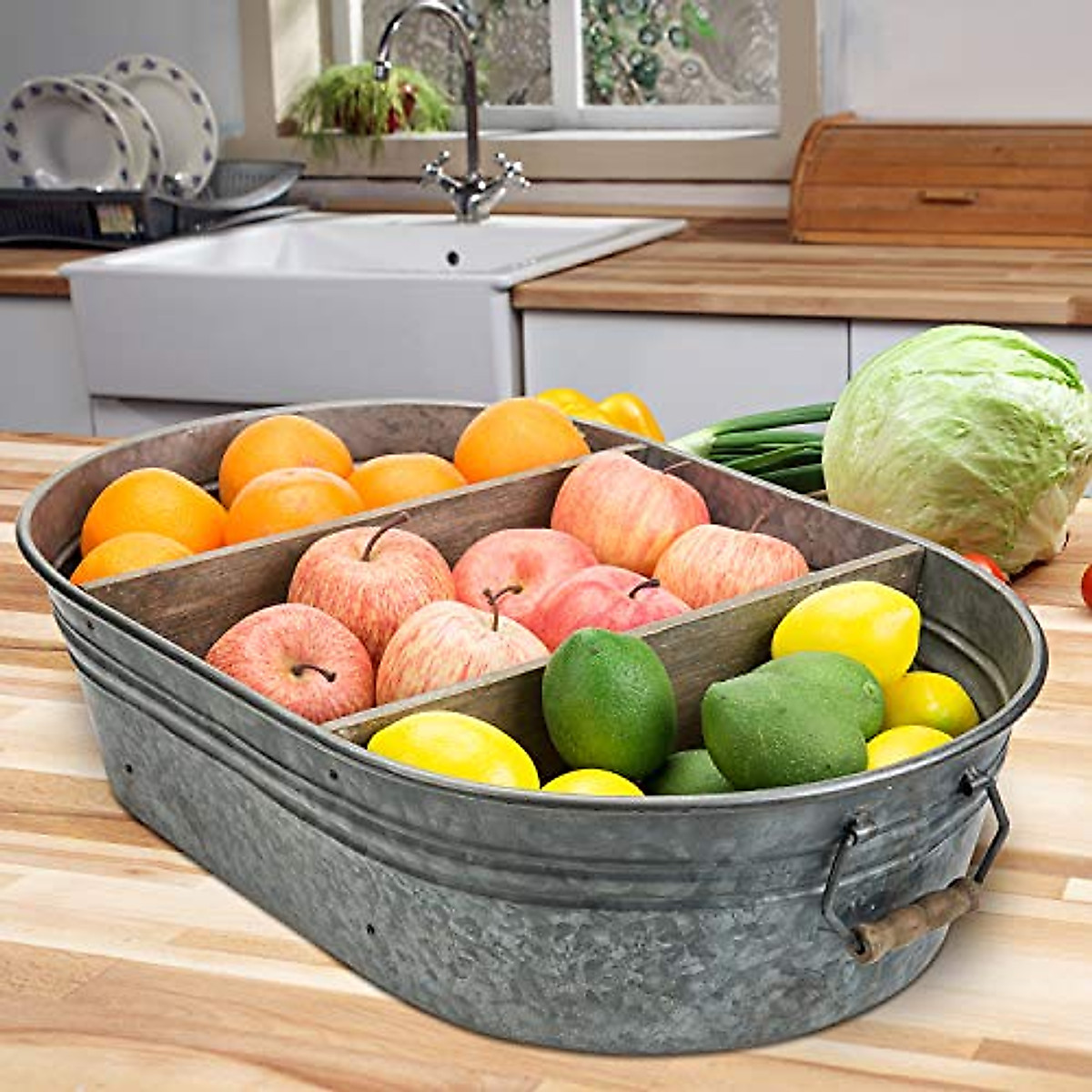 MyGift Rustic Tub Design Galvanized Metal Wall Shelf Rack with 2 Tier Vintage Wood Display Shelves