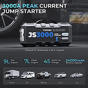 Car Battery Jump Starter, TOPDON JS3000 12V 3000A Battery Booster Jump Starter Pack for Up to 9L Gas/ 7L Diesel Engines, Portable Car Battery Charger with Handle Jumper Cable and EVA Protection Case