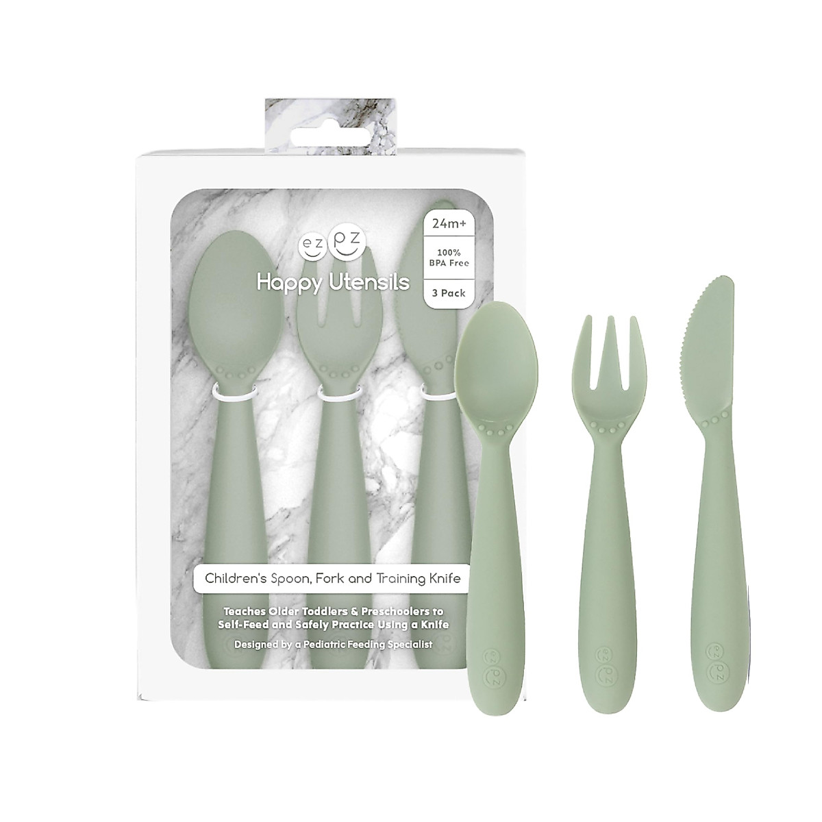 ezpz Tiny Spoon (2 Pack in Sage) - 100% Silicone Baby Spoon for Baby Led Weaning + Purees - 6 Months + - Designed by a Pediatric Feeding Specialist - Baby Essentials & Baby Gifts
