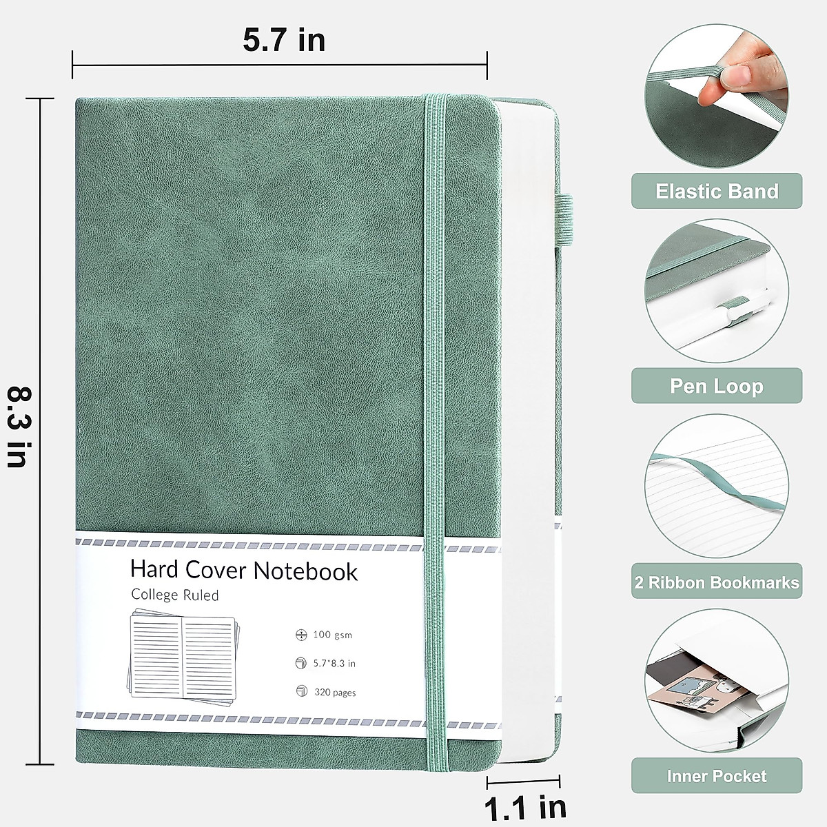 CAGIE Lined Journal Notebook for Women Men 320 Pages 100 Gsm Paper Thick Journaling Notebooks A5 Leather Journals for Writing Hardcover Journal Supplies for Work Note Taking Diary, 5.7x8.3 In, Green