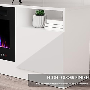 Lemberi Fireplace tv Stand with 36 inch Fireplace Up to 80" TVs,LED Light Entertainment Center and Storage, 70" Modern Wood Media TV Console with Highlight Cabinet for Living Room (White)