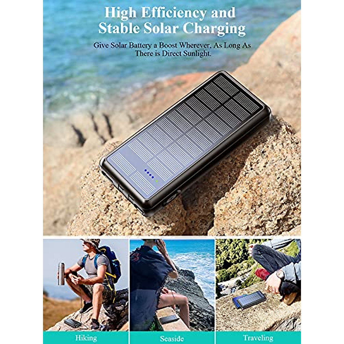 Portable Charger 36800mAh, LENGSUM Power Bank Solar Charger with 2 Output Ports, Built-in 2 Durable Cables, External Battery Pack for Cellphone and Tablet