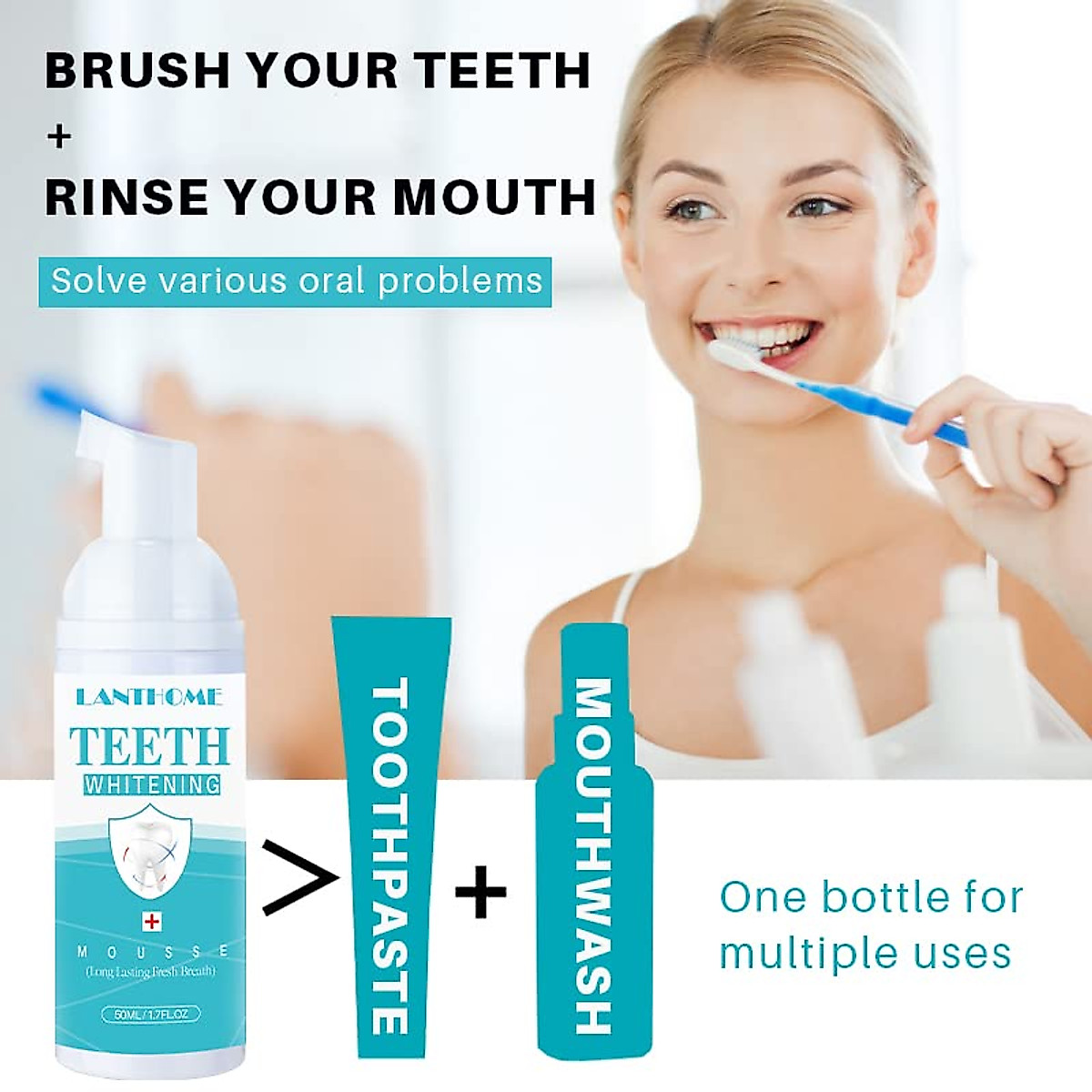 MIESCHER Teeth Whitening Mousse, Refreshing Breath Deep Cleaning Foam Toothpaste Natural Mouth Wash Water,Teeth Whitening Toothpaste Ultra Fine Mousse Foam Reduce Stains Oral Care Toothpaste