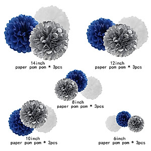 Tissue Paper Pom-Poms Party Decorations - 15pcs 5 Size Navy Blue White Silver Paper Flowers,Graduation Wedding Baby Bridal Shower Room Hanging Decorations Boy Birthday Party Backdrop Decor Panduola