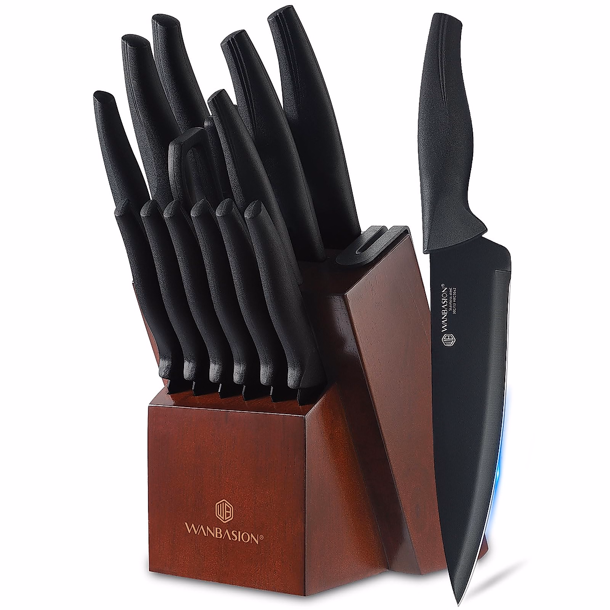 Wanbasion 15Pcs Kitchen Knife Block Set with Sharpener, Sharp Kitchen Knives Set with Block, Stainless Steel Knife Set with Block Dishwasher Safe Black