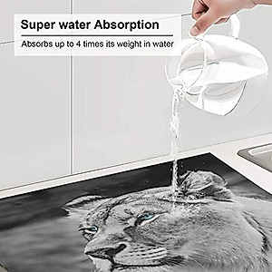 Lioness with Blue Green Eyes Printed Drying Mat For Kitchen Ultra Absorbent Microfiber Dishes Drainer Mats Non-Slip Silicone Quick Dry Pad - 18 X 16inch