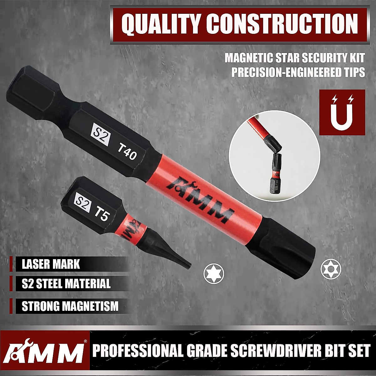 AMM 24-Piece Torx Bit Set, Security Star Bit Set, Tamper Resistant Star Bits Set, S2 Alloy Steel, 1" and 2.3" Long Impact Bits with Storage Box（T5-T40 ）