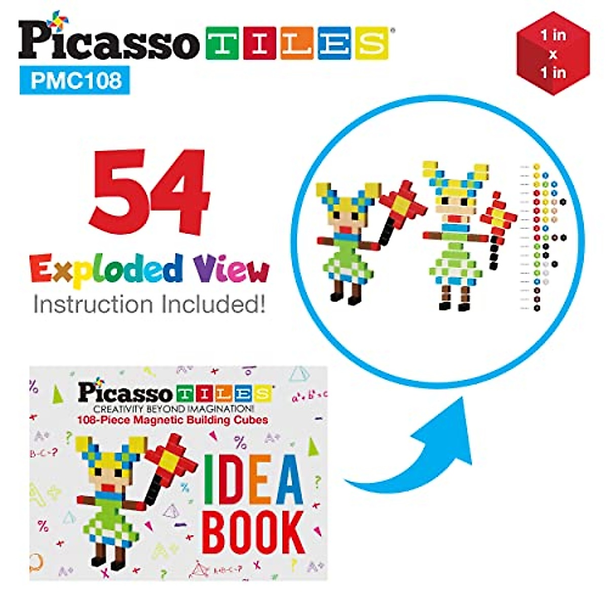 PicassoTiles Magnetic Toy_Building_Block Cubes Building Block, 3D Cube Construction Toy with Free Idea Book for Kid, Baby, Boy, Girl & Toddlers 108 Piece