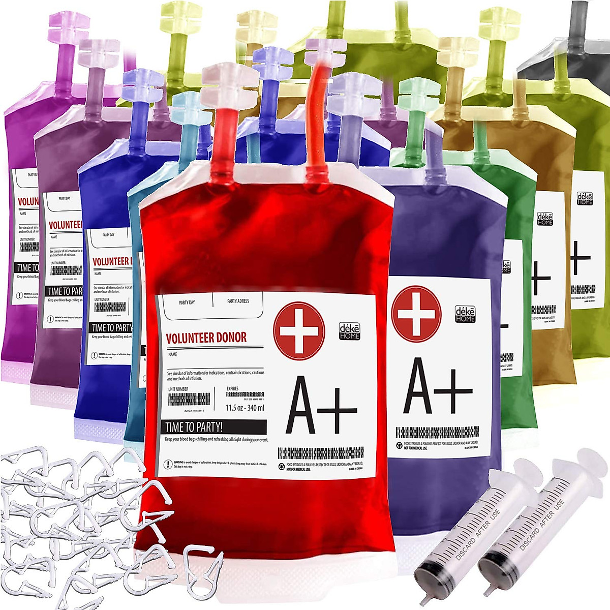 Blood Bag drinking. Set of 20 fake iv Blood Bags for Drinks, 11.5Oz, with Extra Syringe Set of 20 Labels and Clips. Drink pouches Halloween/Vampire/Zombie/Nurse Graduation/decorations Party suplies