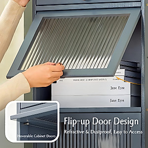 IOTXY Small Narrow Shelf Bookcase - 5-Tier Bamboo Corner Bookshelf with Moru Acrylic Doors, Freestanding Tall Skinny Storage Organizer Rack, for Living Room, Kitchen, Bedroom, Gray, 15.7" W