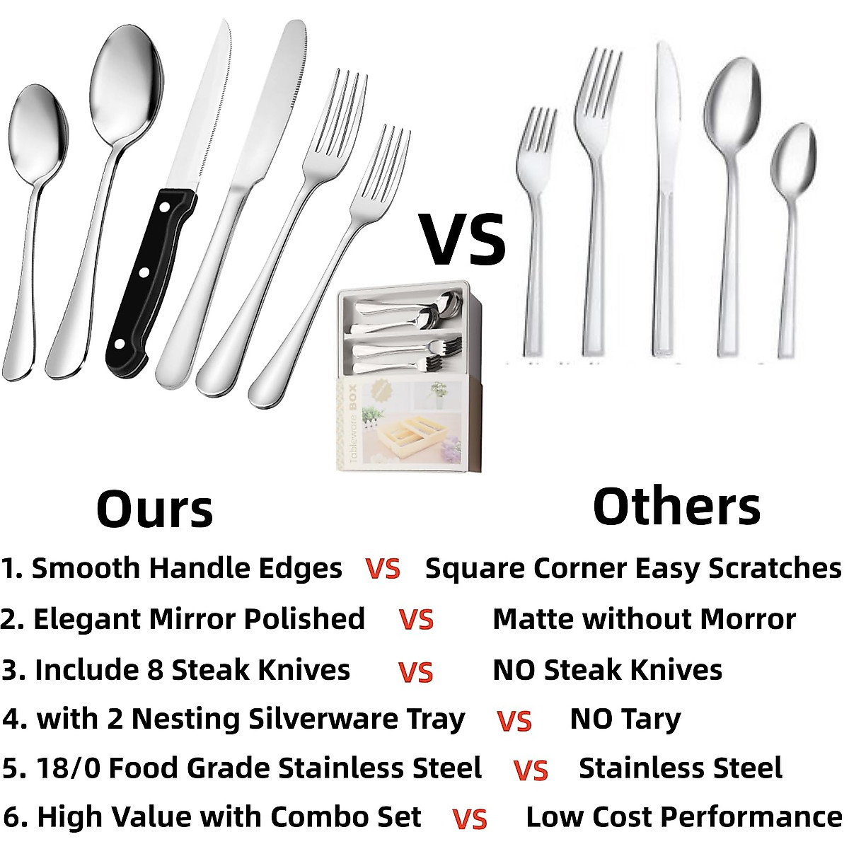 50PCS Silverware Set with Organizer, Silverware Drawer Organizers Durable Stainless Steel Flatware Set for 8 Cutlery Forks Spoons Steak Knives Kitchen Utensils Tray, Mirror Polished Dishwasher Safe