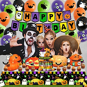 Halloween Birthday Party Decorations, Happy Birthday Banner with Pumpkins and Ghost,Colourful Halloween Cartoon Pattern Balloons,Plastic Tablecloth and Halloween Caketopper