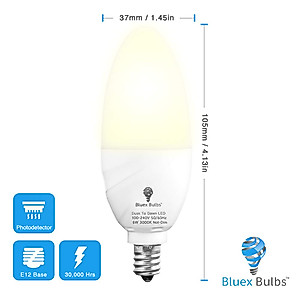 6 Pack Bluex Dusk to Dawn LED Bulbs, 6W E12 Base Light Bulb - 65W Equivalent – 3000K WarmLight White - Smart Light Sensor Candelabra Bulb, Home Security Indoor, Outdoor, Driveway, Yard, Porch Lighting