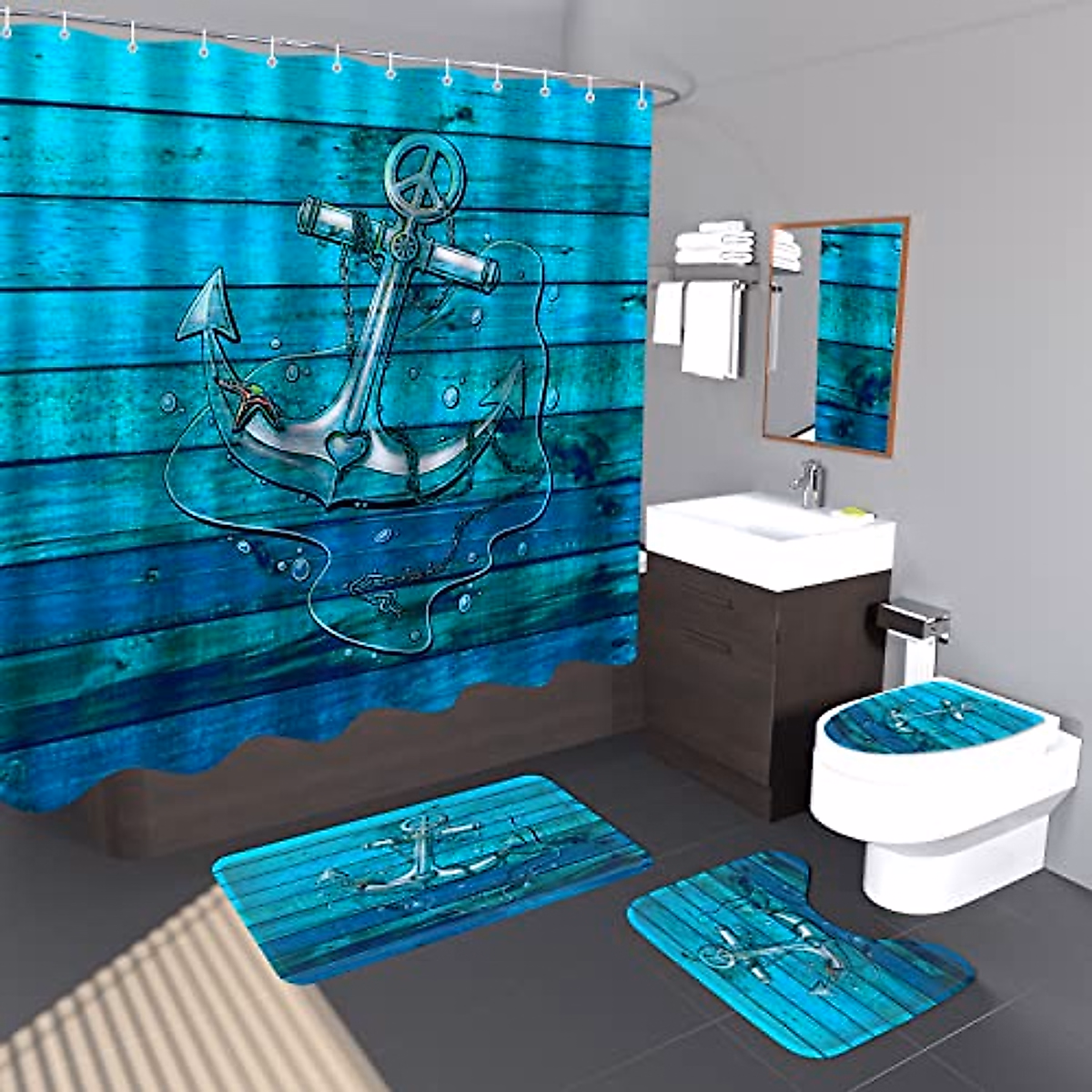 Jefuzh 4 Pcs Anchor Shower Curtain Sets, Nautical Anchor Rustic Wood Shower Curtain for Bathroom Decor, Waterproof Shower Curtain with 12 Hooks, Non-Slip Rug, Toilet Lid Cover and Bath Mat - Blue