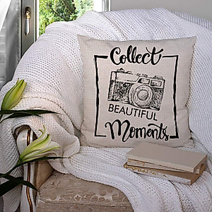 SSOIU Motivational Quote Throw Pillow Cover, Collect Beautiful Moments with Retro Camera Decorative Throw Pillow Covers Cotton Linen Pillow Cases 18“ x 18” for Home Decor