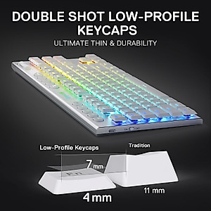 Redragon K621 Horus TKL Wireless RGB Mechanical Keyboard, 5.0 BT/2.4 Ghz/Wired Three Modes 80% Ultra-Thin Low Profile BT Keyboard w/Dedicated Media Control & Tactile Brown Switches, White