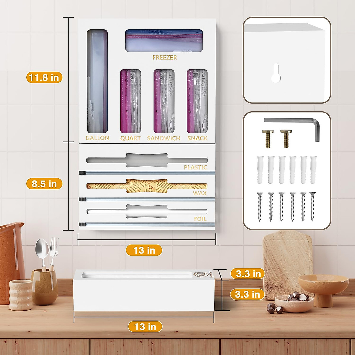 DALSHABET 9 IN1 Bamboo Storage Bag Drawer Organizer with Cutter, Foil and Plastic Wrap Dispenser for Kitchen Storage Compatible with All Brands Gallon, Quart, Sandwich & Snack Size Bags - White