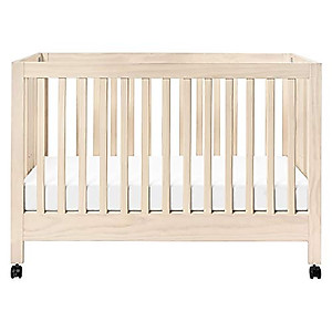 Babyletto Maki Full-Size 2-in-1 Portable Folding Crib with Toddler Bed Conversion Kit in Washed Natural, Greenguard Gold Certified