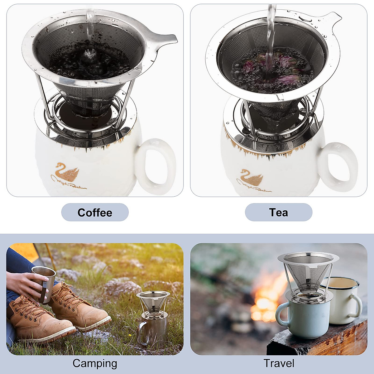 Yanyole Pour Over Coffee Maker,Coffee Filter,Slow Drip Paperless Stainless Steel Cone Coffee Dripper(1 Cup)