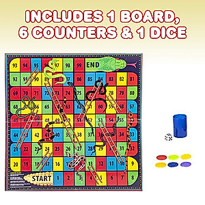 Gamie Snakes and Ladders Board Game for Kids, Complete Set with Board, 6 Pegs, and Dice, Classic Fun for Family Game Night and Classroom, Best Birthday Gift Idea for Boys and Girls