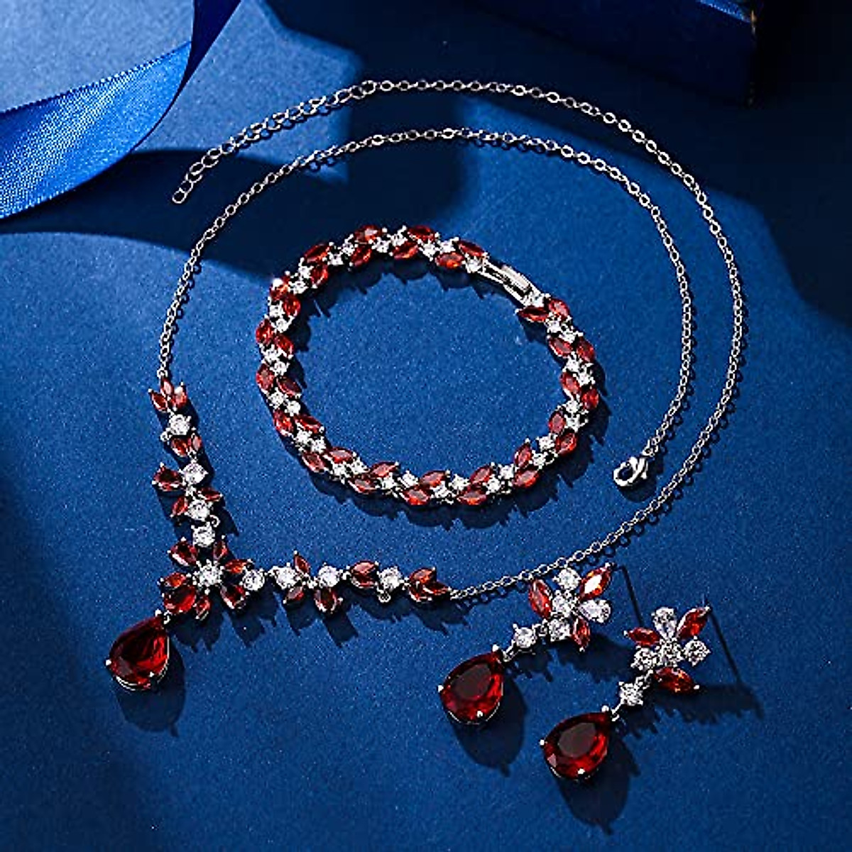 EleQueen Women's Wedding Bridal Jewelry Set for Brides Bridesmaids, Sparkle Cubic Zirconia Teardrop Necklace Dangle Earrings Bracelet Sets for Party Prom Ruby Color