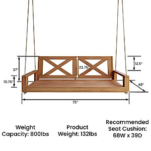 Malvern 6 Foot Wood Porch Swing Bed in Cedar Stain, Amish Handcrafted Daybed Style Swing