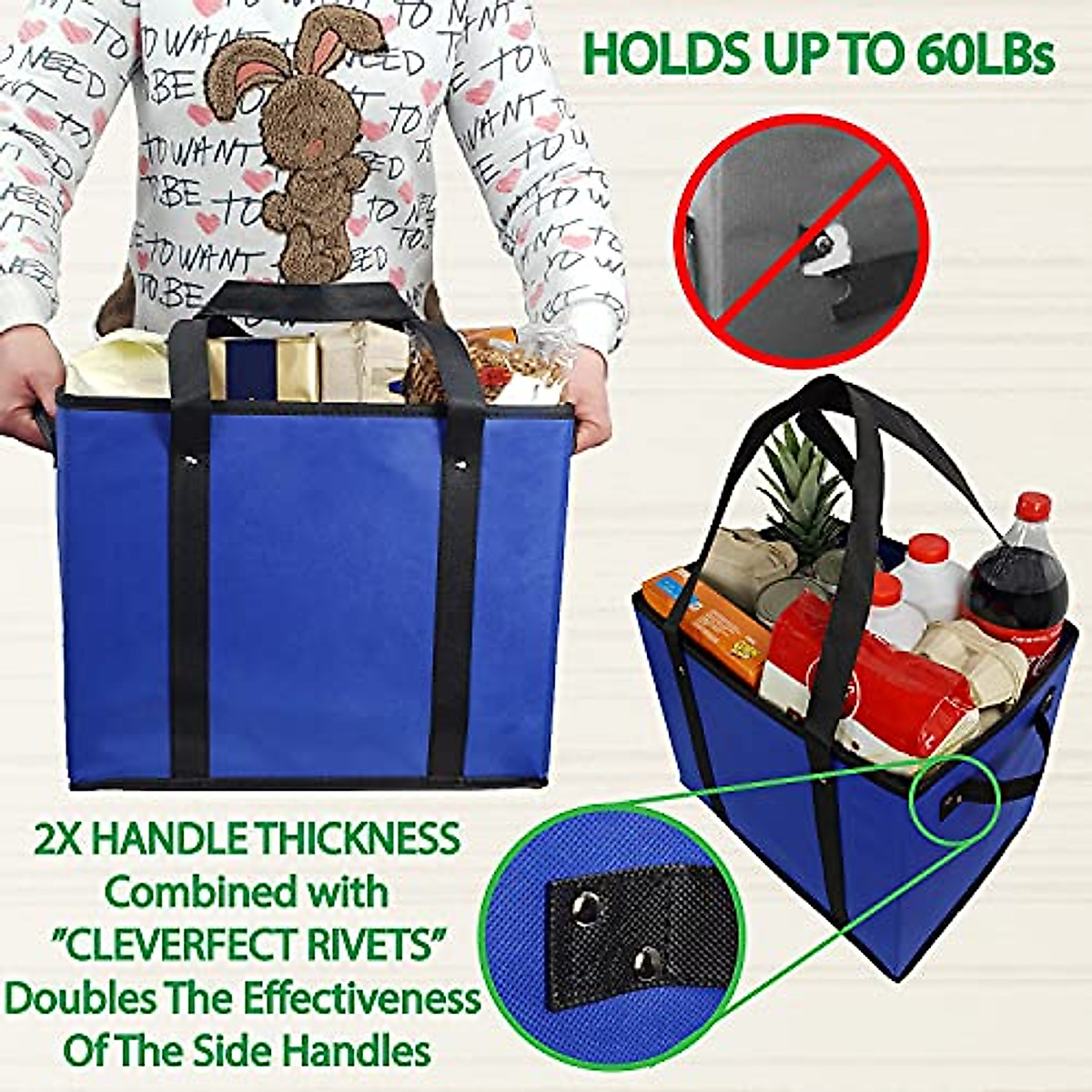 CLEVERFECT Reusable Grocery Box Bags. Large, Durable Heavy Duty Premium Quality Shopping Totes Set. Collapsible, Extra Long Handles & Reinforced Bottom, Pack of 3 (Red, Blue, Green) Eco Friendly