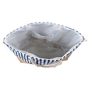 Heavy Shoulder Cotton Rope Handles Ship Anchor Hooks Printed Zipper Closure Women Straw Beach Premium Tote Bag by BB (Navy Blue)