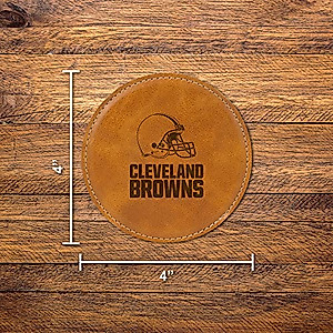 Rico Industries NFL Cleveland Browns Brown Faux Leather Laser Engraved 4-Pack Coaster Set with Pouch - Great Beverage Accessory for Game Day