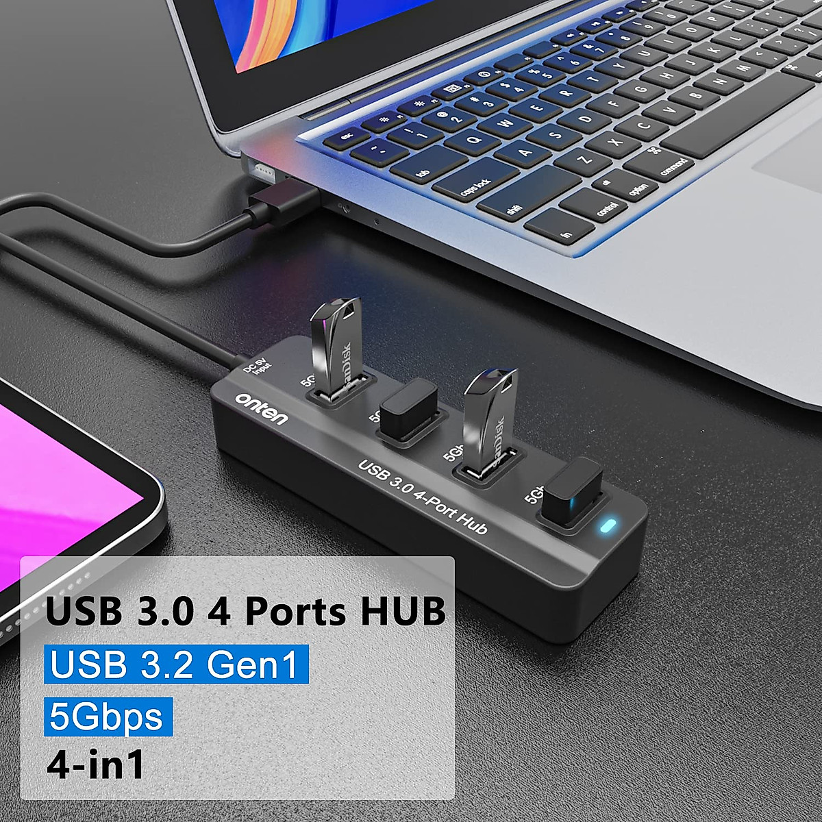4 port USB HUB, Onten USB 3.0 HUB, USB Splitter with 1.6 ft cable 4*USB3.0 port for laptop MacBook Surface Pro and more USB Devices
