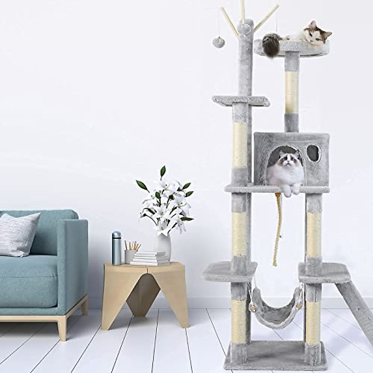 JOYO Cat Tree for Indoor Cats, 65.5 Inches Multi-Level Cat Tower Cat Tree with Hammock, Scratching Posts, Top Perch, Ladder, Cat Activity Tree Cat Condo with Toys, Cat Climbing Tower for Kitten Play