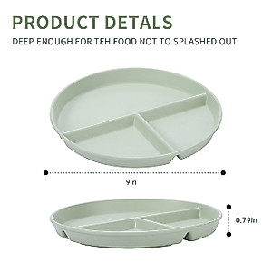 9" Unbreakable Divided Dinner Plate / 5 Wheat Straw Plastic Round Dinner Plates / Colorful Reusable 3 Compartment Dinner Plate / Microwave & Dishwasher Safe, Bpa Free, Child/Adult Separate Plates
