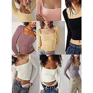 Dwnval Women's Sexy Long Sleeve Crop Top Square Neck Double Lined Basic Slim Fit T Shirt(Green, S)