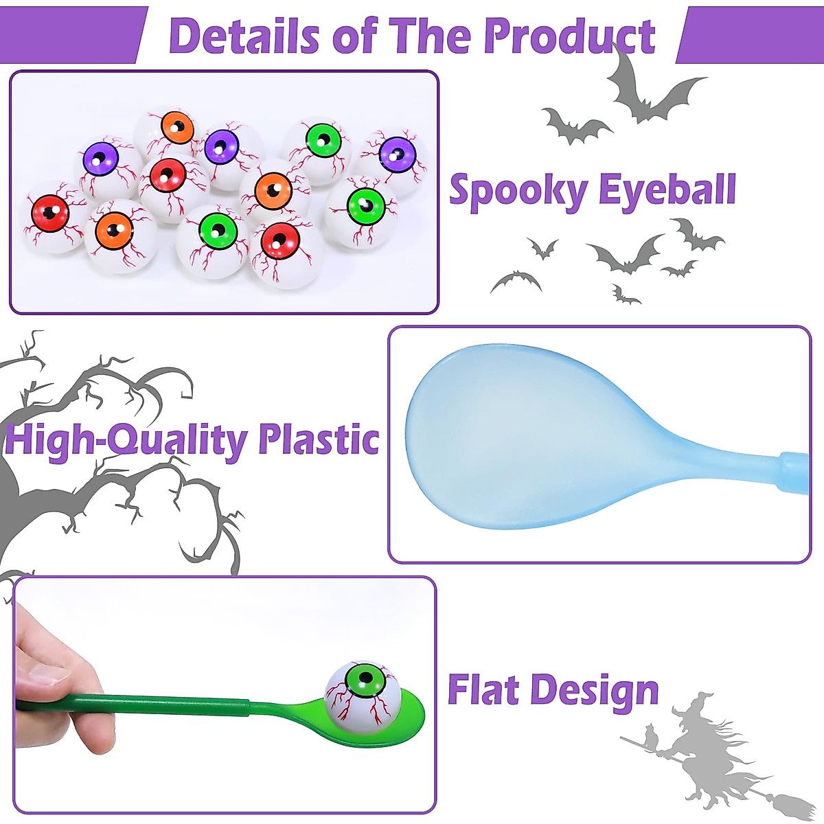 AMENON 12 Player Halloween Games, 12 Halloween Eyeball Egg & 12 Spoon Race Game for Kids Adults, Halloween Party Favors Supplies, Halloween Party Game Toys Outdoor Classroom Carnival Games Treats Gift