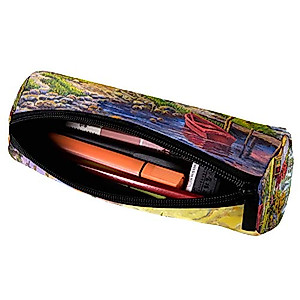 Oil Painting Cabin Log and Forest Lake Pencil Bag Pen Case Stationary Case Pencil Pouch Desk Organizer Makeup Cosmetic Bag for School Office