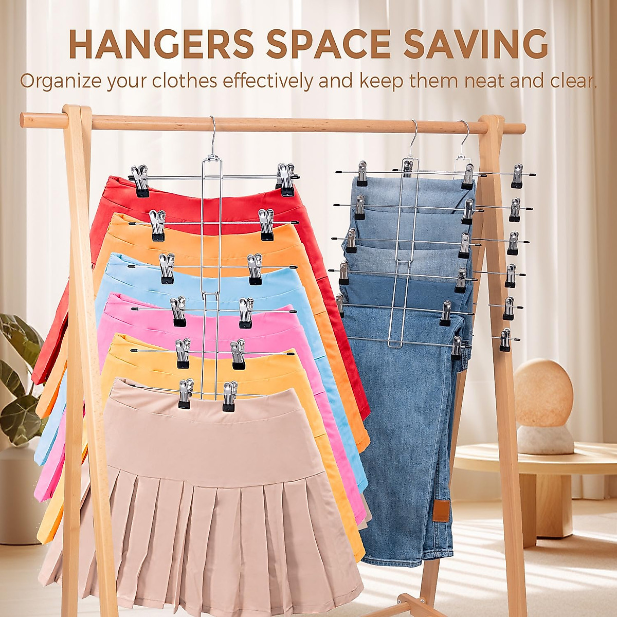 Tonswachic Pants Hangers with Clips - 6 Tiers Skirt Hangers - 3 Pack Pants Hangers Space Saving - Closet Organizer and Storage for Jeans Leggings Shorts (3 Pack with Extra One Purse Hanger Organizer)
